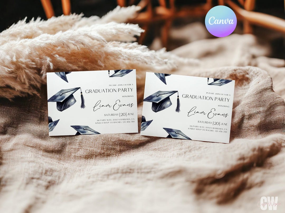 Watercolor Grad Cap Invitation, Modern Grad Party Invitation, Mini ...