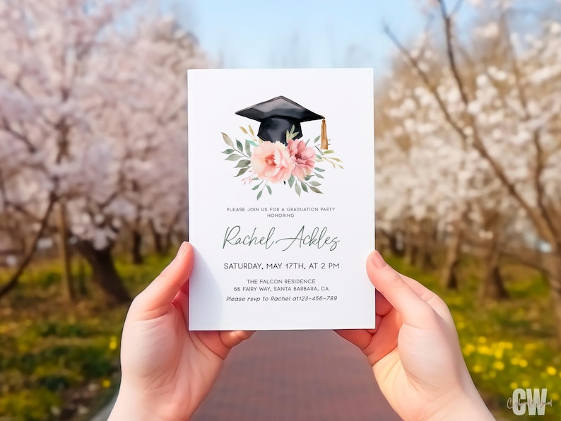 Floral Boho Graduation Invitation, Editable Announcement Card (digital ...