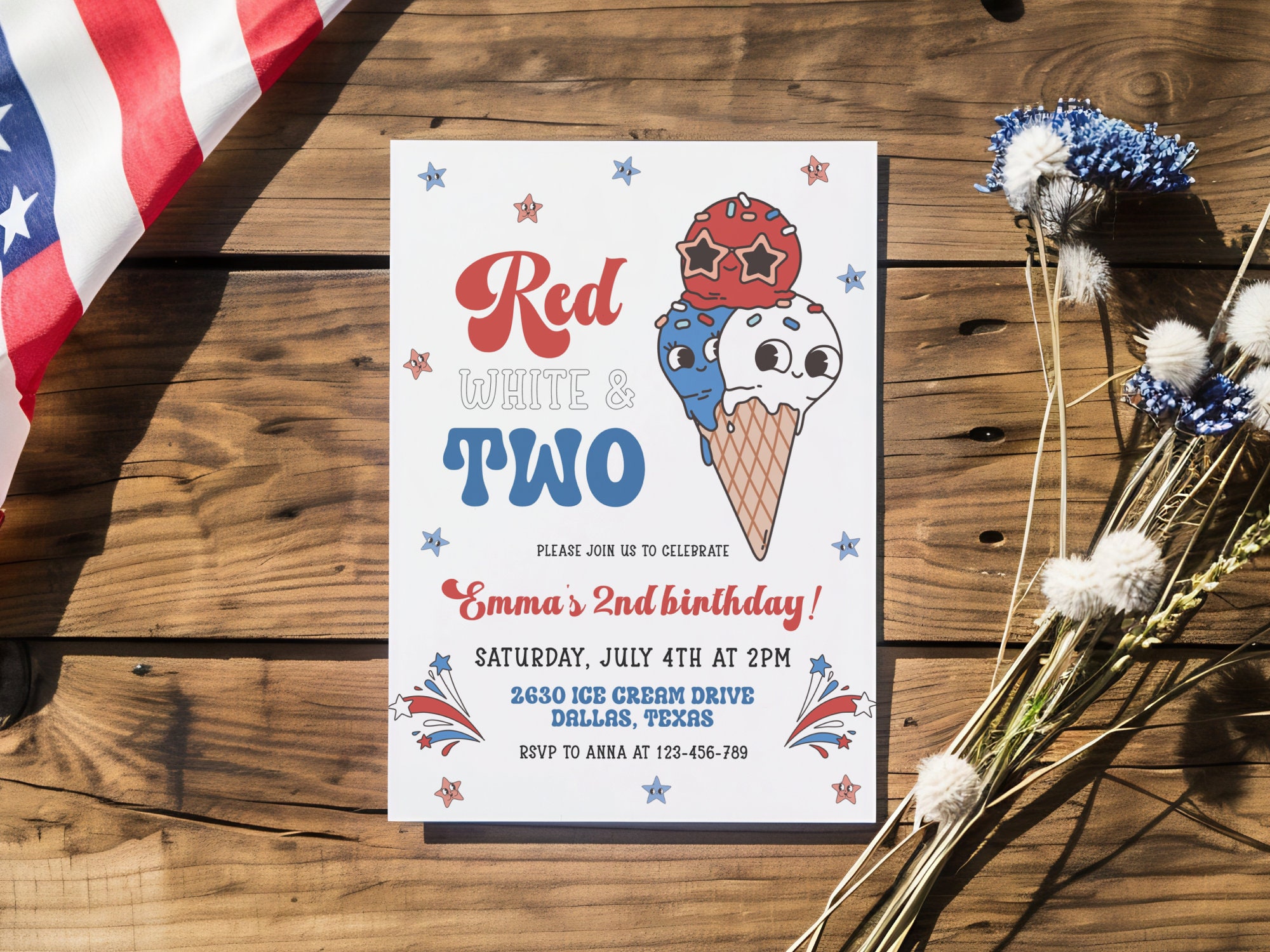 Red White and Two Birthday Invitation, Four of July 2nd Birthday Invitation Template, 4th of ...