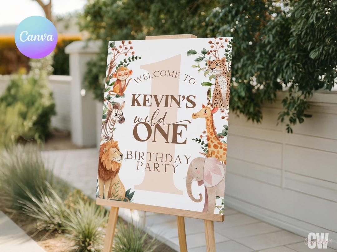 Wild One Birthday Welcome Sign – Safari Jungle Animals Theme (editable ...