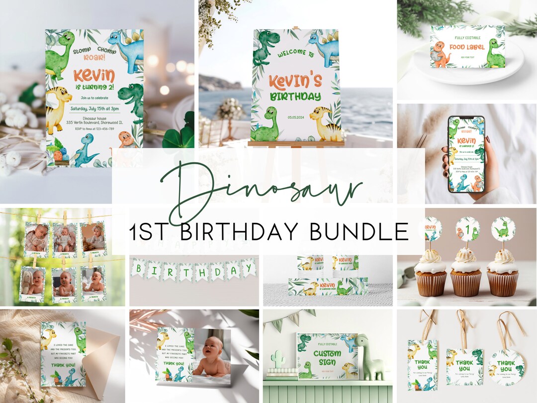 Dino 1st Birthday Bundle, Printable Dinosaur 1st Birthday Party Set ...