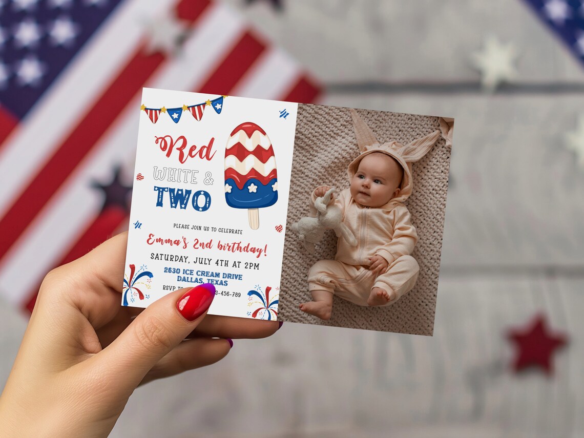Four of July Patriotic 2nd Birthday Invite, Red White and Two Birthday ...