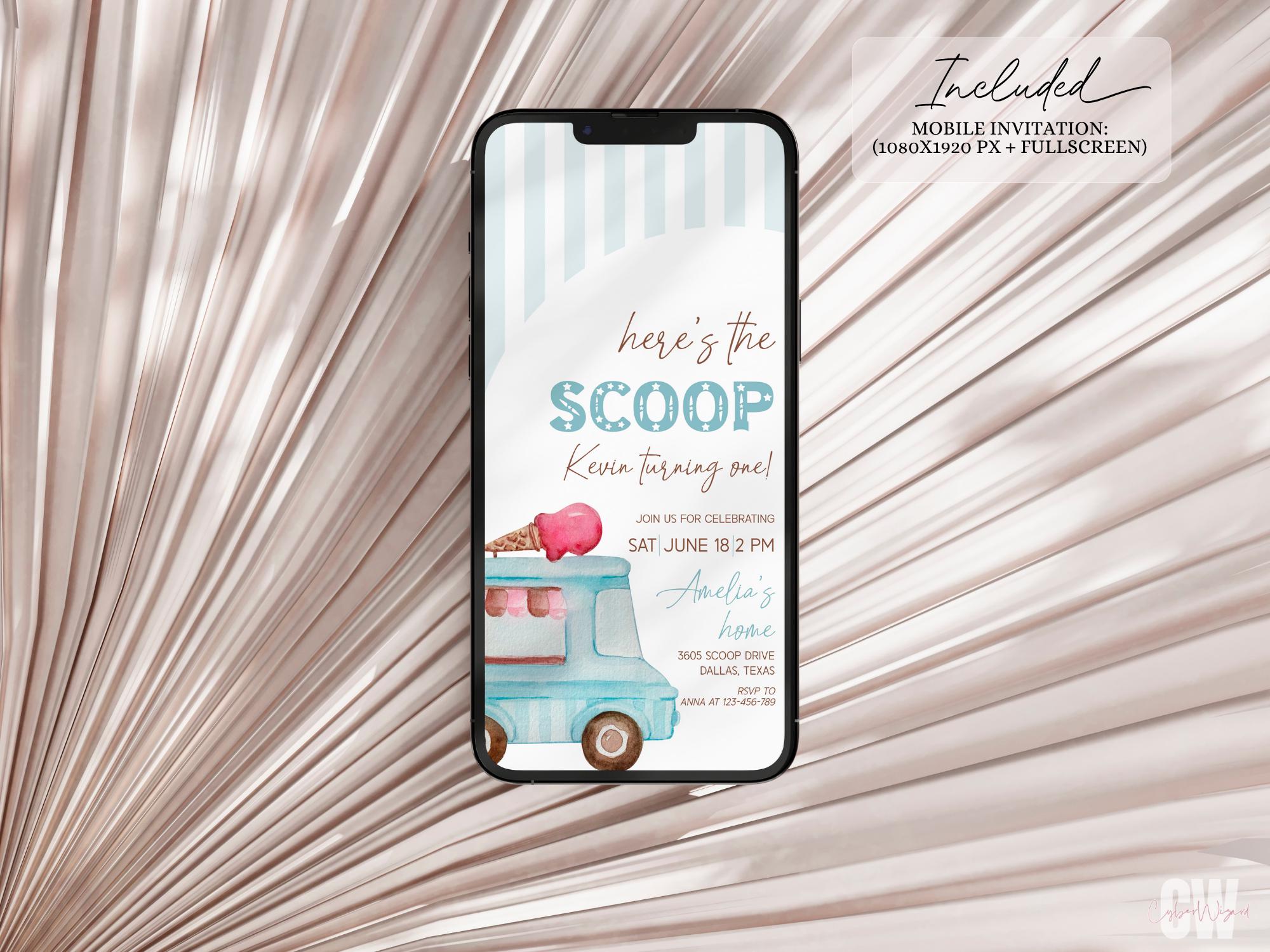 Here's the Scoop Birthday Invitation Set, Blue Ice Cream Truck 1st ...
