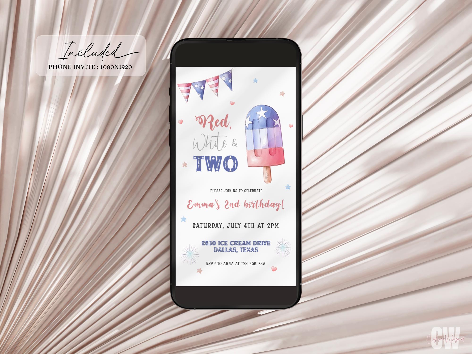 Red White and Two Birthday Invitation, 4th of July Patriotic 2nd ...