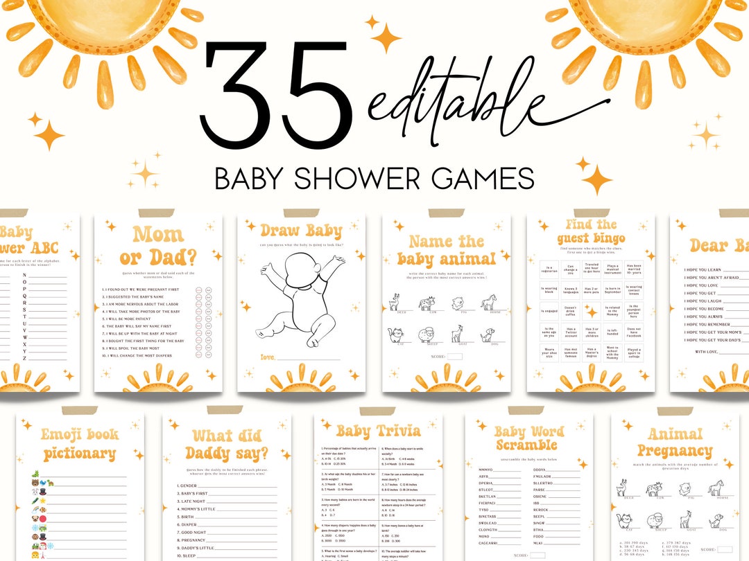 Editable Sunshine Baby Shower Games Bundle Retro Sun Baby Shower Game ...