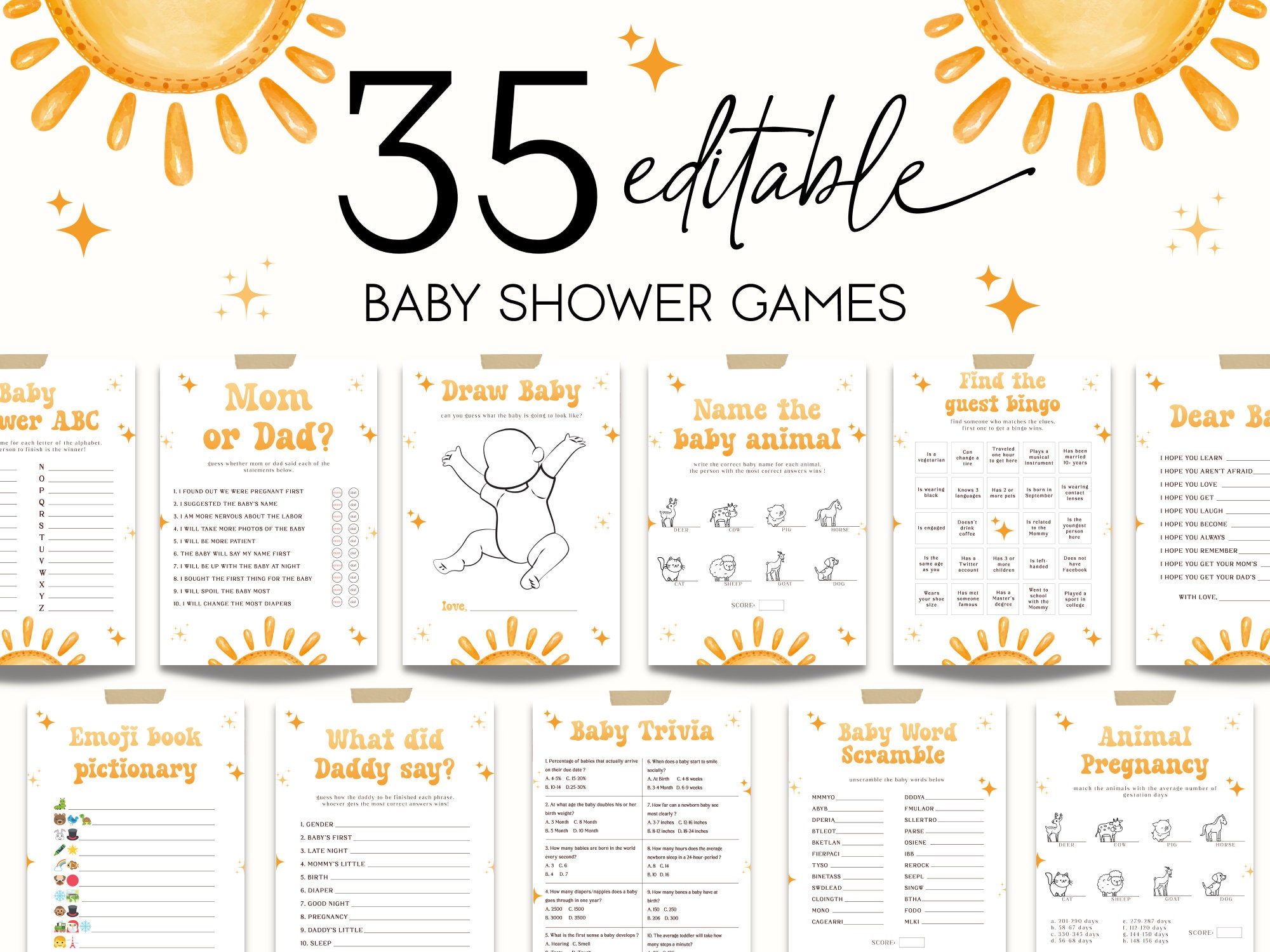 Editable Sunshine Baby Shower Games Bundle Retro Sun Baby Shower Game ...