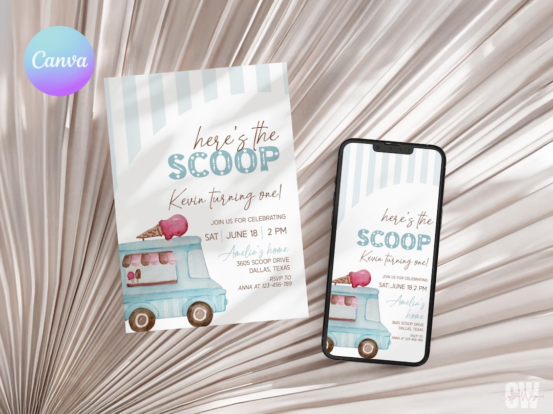 Here's the Scoop Birthday Invitation Set, Blue Ice Cream Truck 1st ...