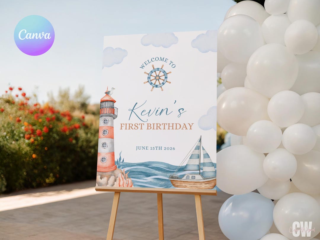Printable Sailor First Birthday Welcome Poster, Editable Sailboat ...