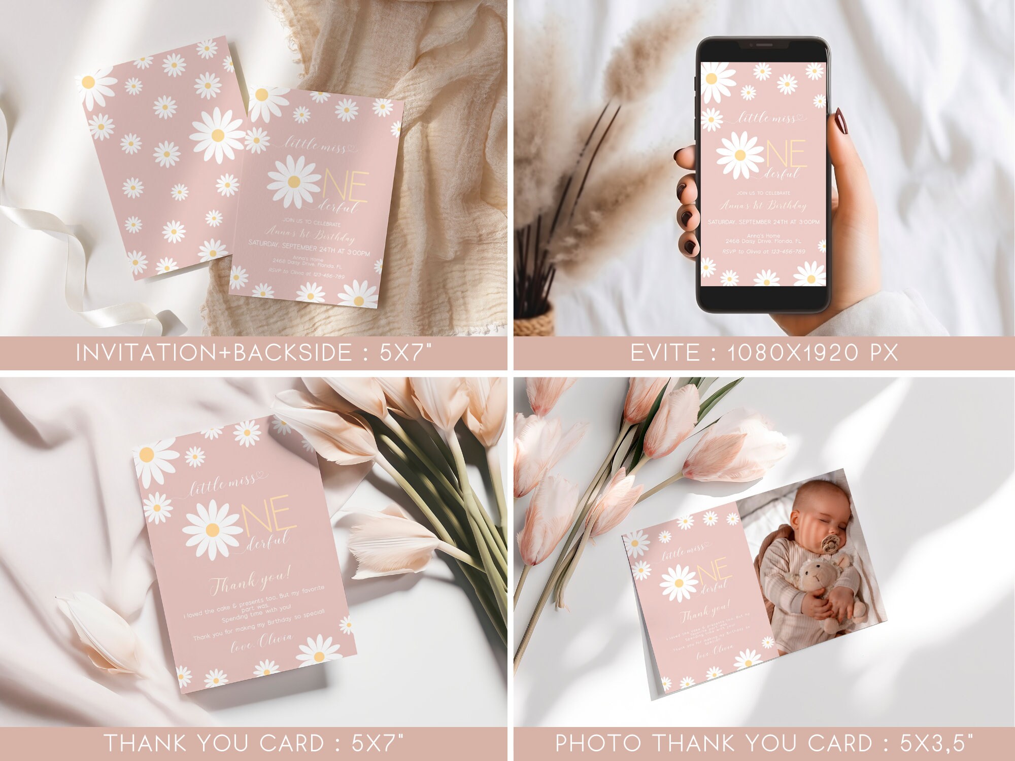 Daisy 1st Birthday Bundle Printable Pink Daisy Birthday Party Set ...