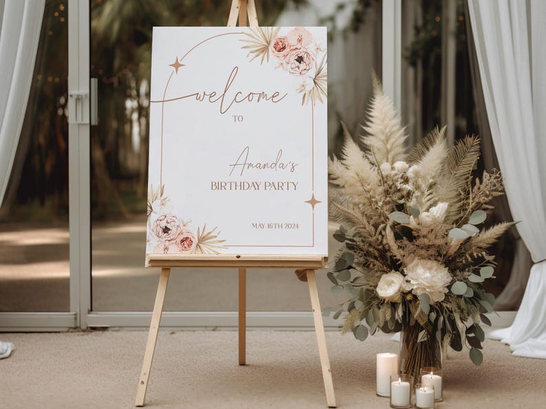Pampas Grass Birthday Welcome Sign, Editable Boho Party Decor - Etsy