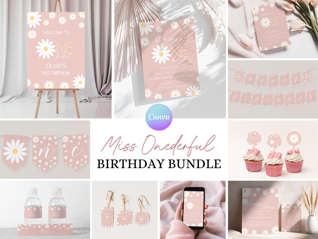 Daisy 1st Birthday Bundle Printable Pink Daisy Birthday Party Set ...