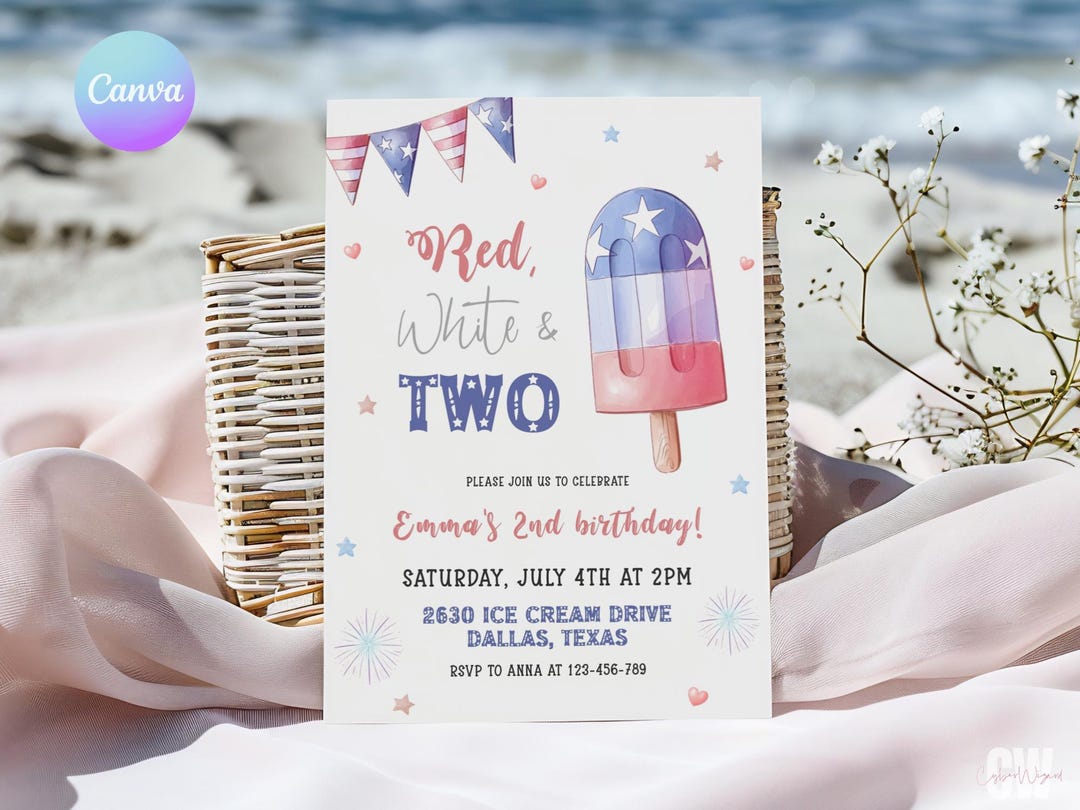 Red White and Two Birthday Invitation, 4th of July Patriotic 2nd ...