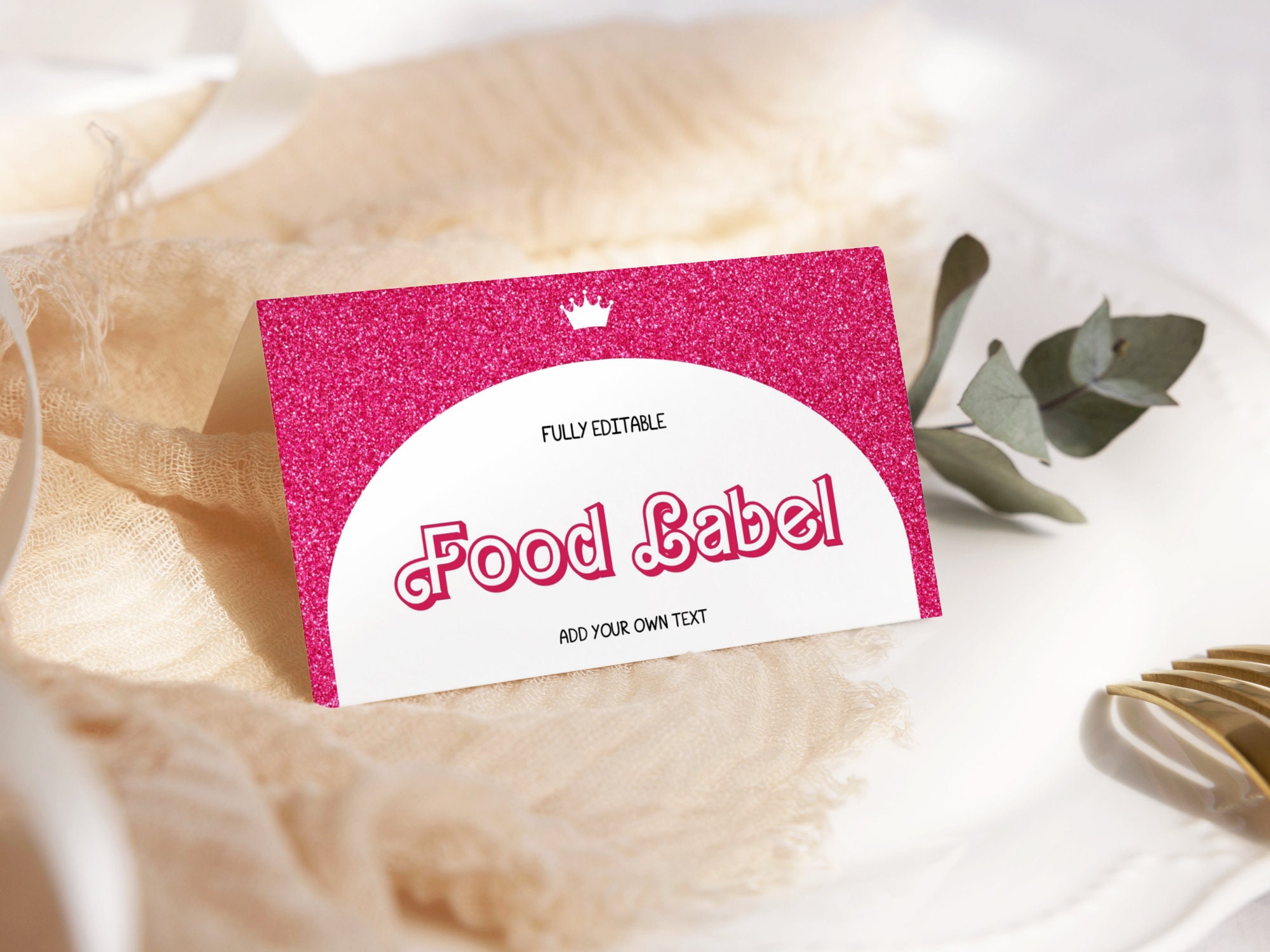 Editable Hot Pink Doll Food Labels Pink Glitter Food Tent Doll Birthday ...
