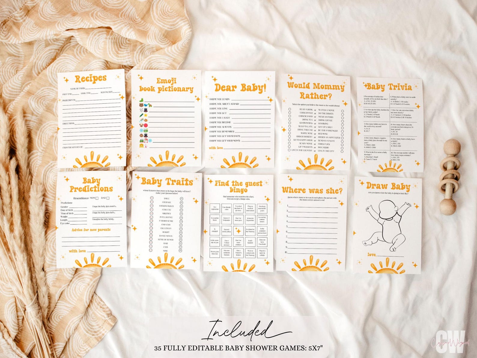 Editable Sunshine Baby Shower Games Bundle Retro Sun Baby Shower Game ...