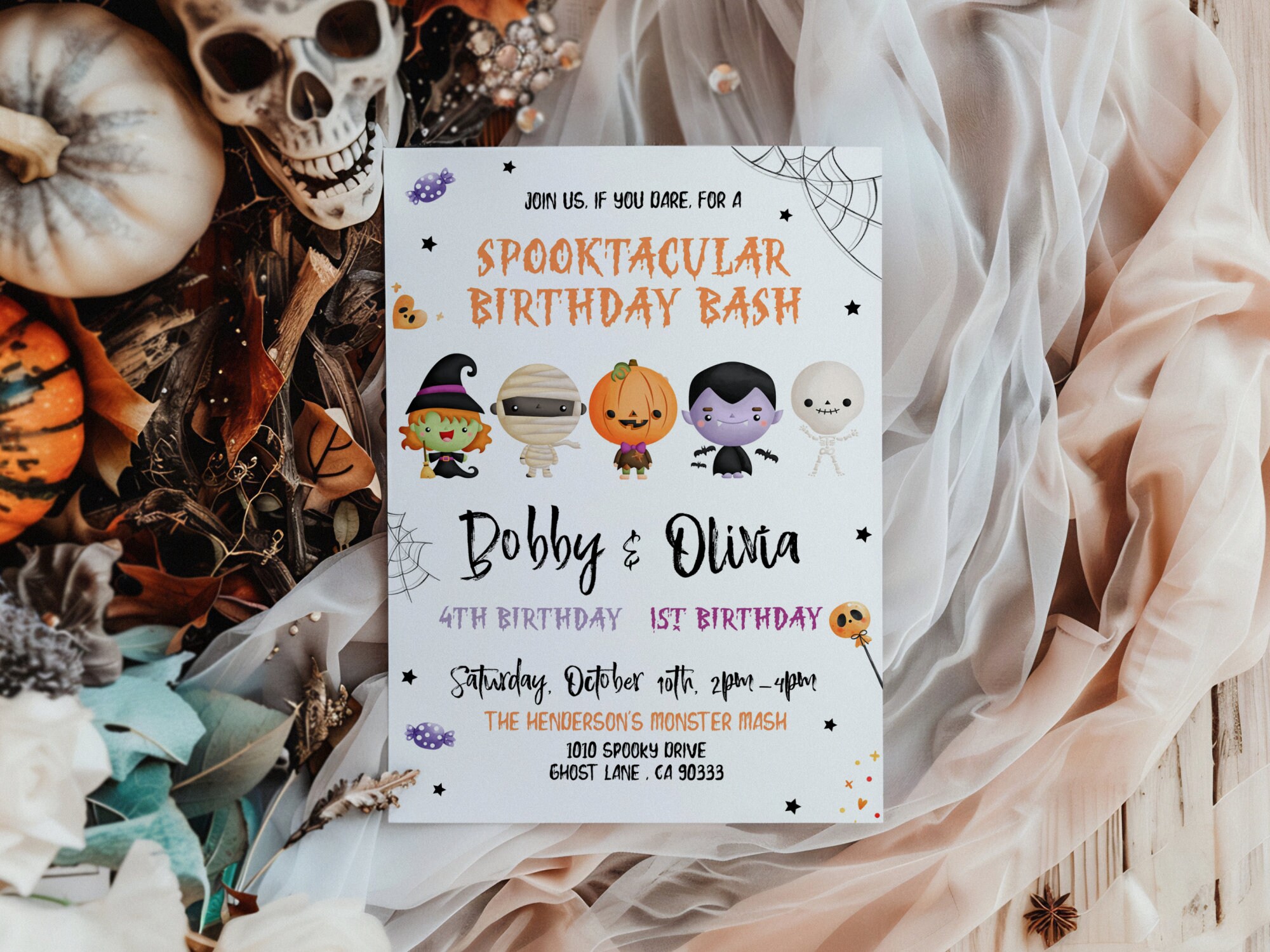 Spooky Halloween Twin Birthday Party Invite, Siblings Boo Halloween ...