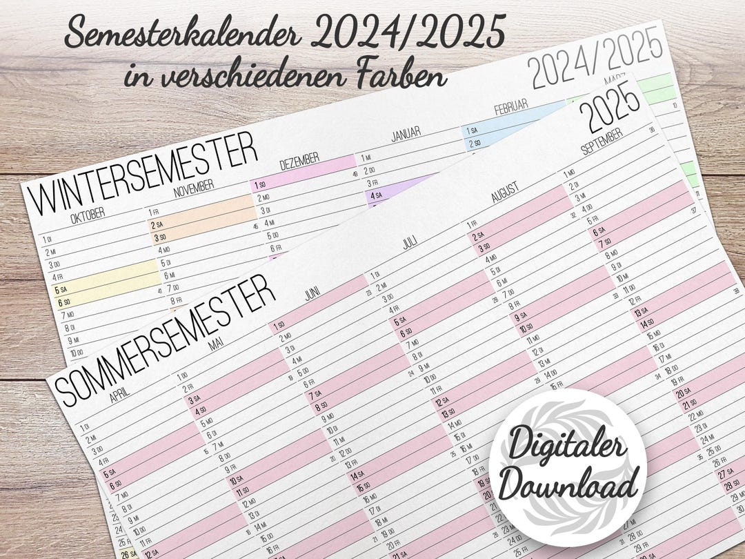 Semesterkalender 2024/2025 zum Ausdrucken als PDF in verschiedenen ...