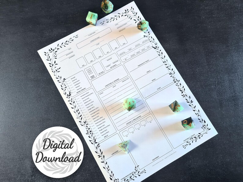 Dnd 5e Printable Character Sheet | Vines and Leaves | Digital Printable ...