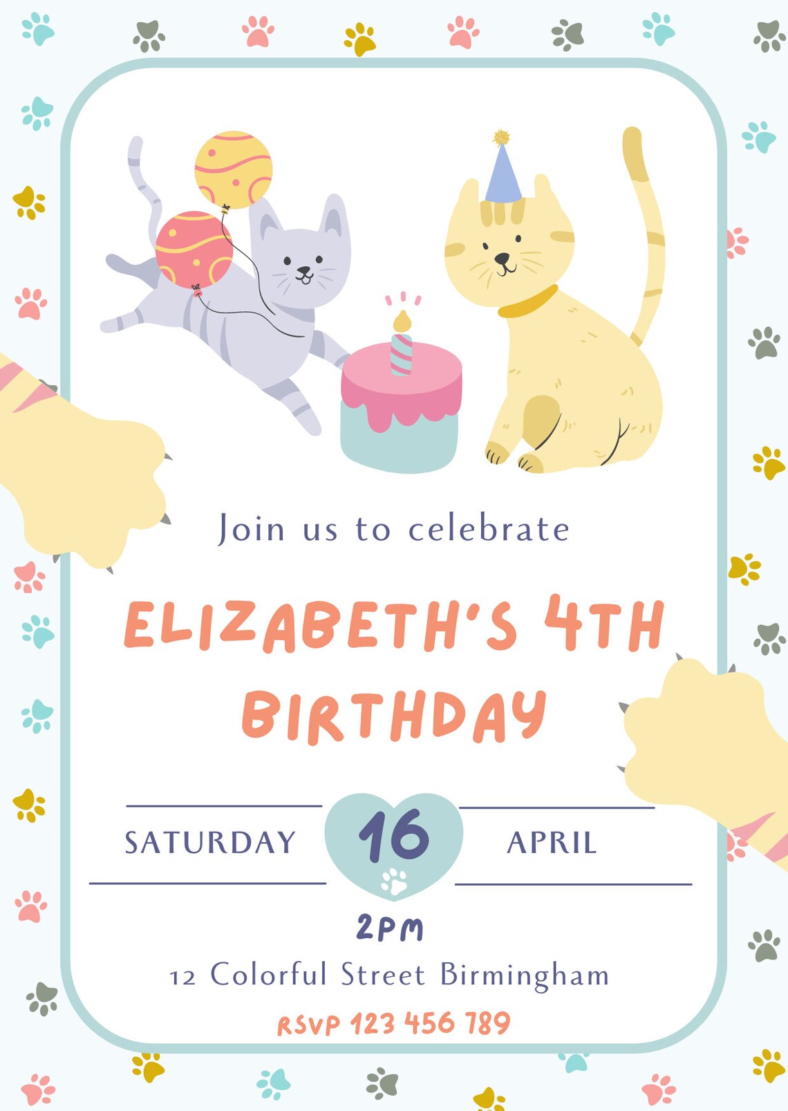 Cats Birthday Invitation Canva Template - Etsy