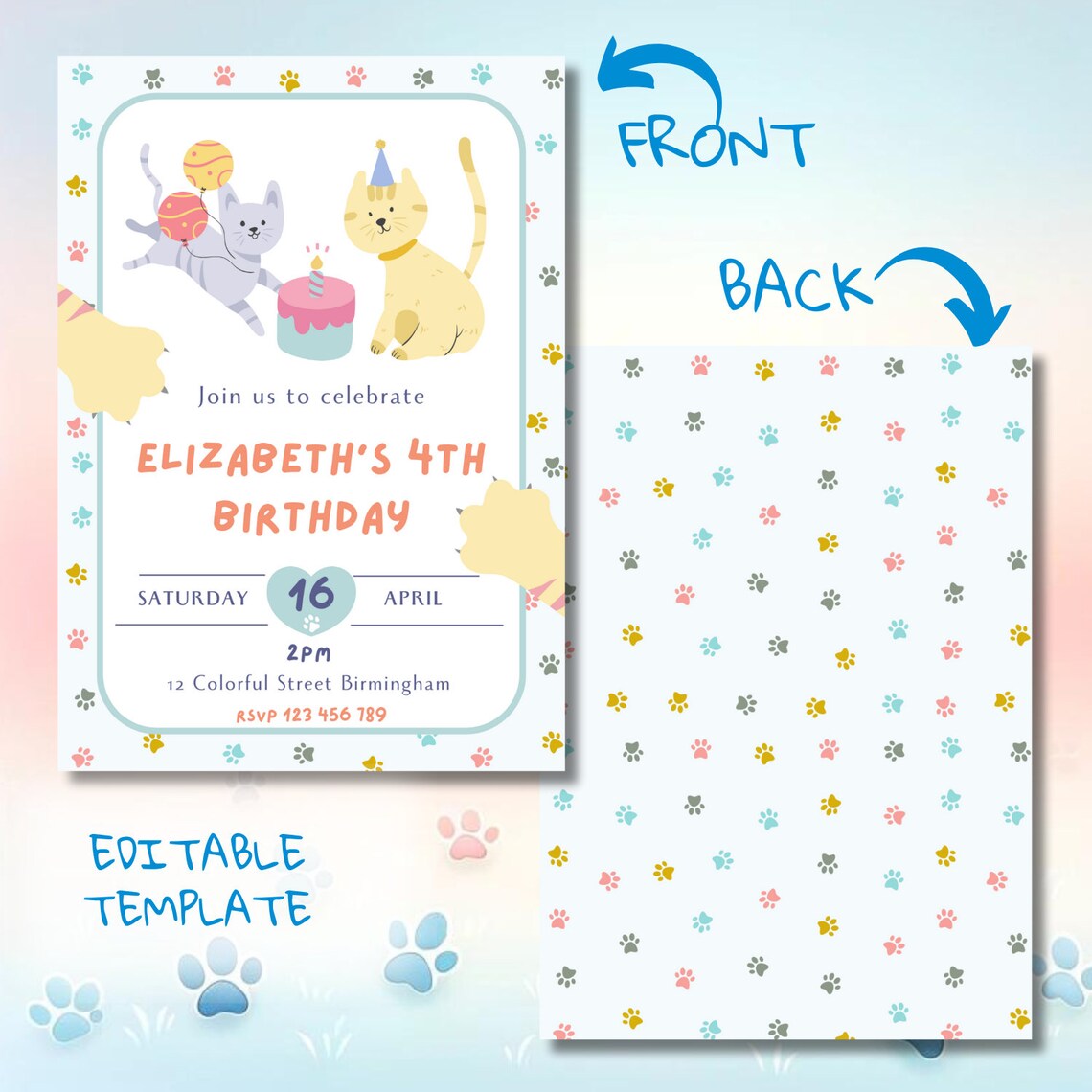Cats Birthday Invitation Canva Template - Etsy