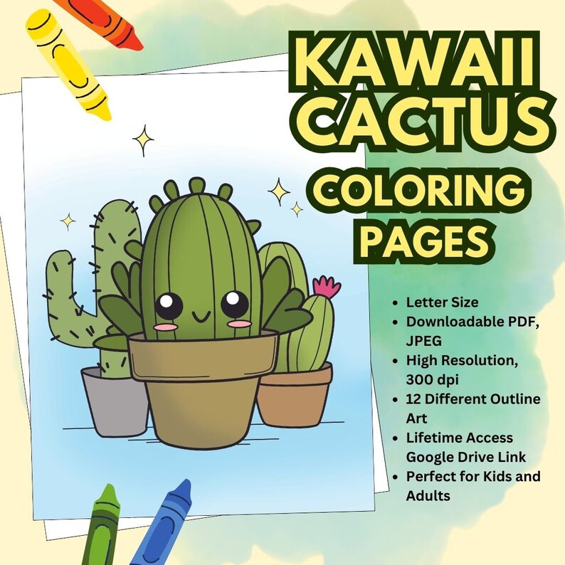 Kawaii Cactus Coloring Pages for Kids + Adults, Cute Coloring Book ...