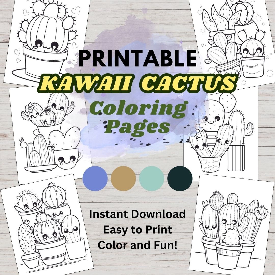 Kawaii Cactus Coloring Pages for Kids + Adults, Cute Coloring Book ...