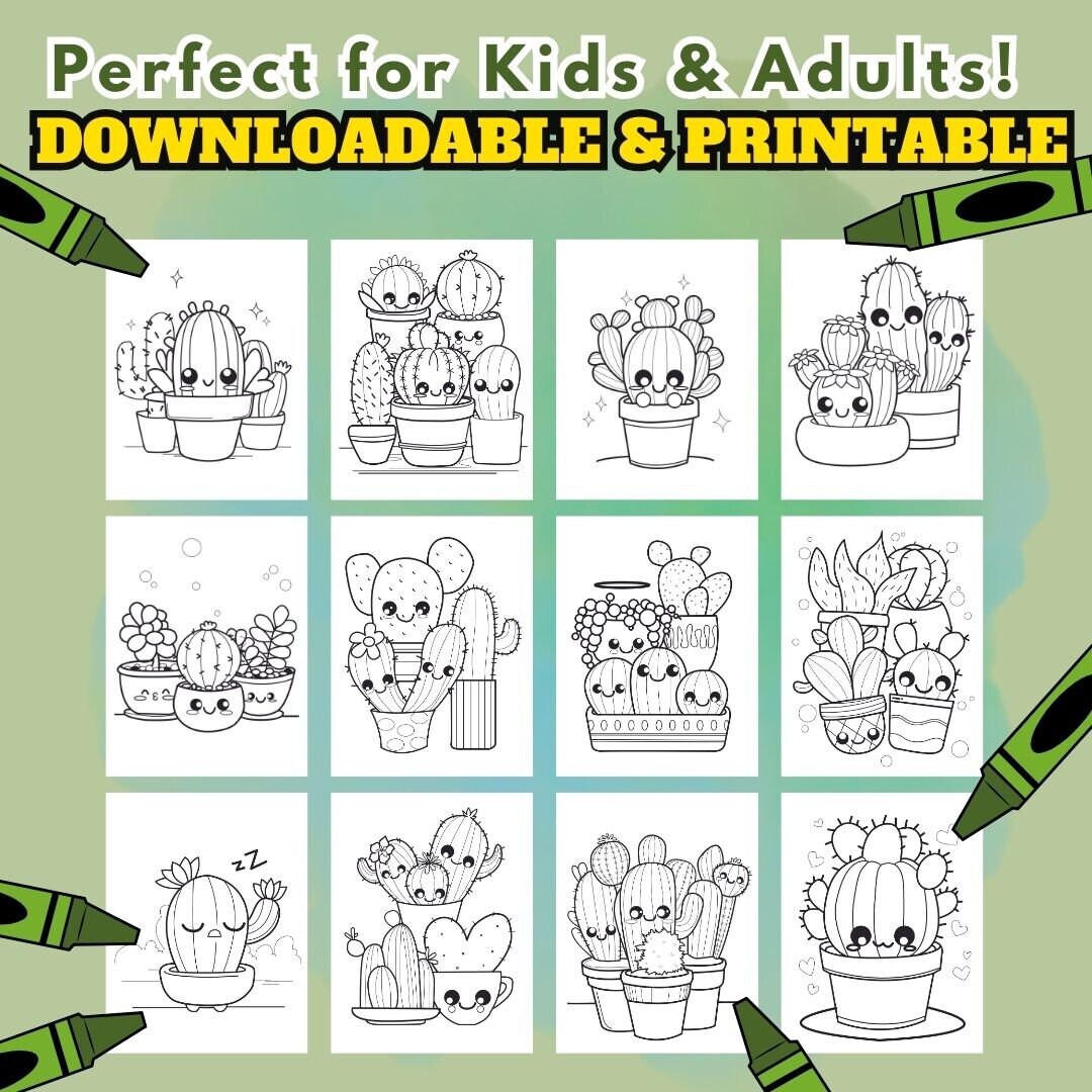 Kawaii Cactus Coloring Pages for Kids + Adults, Cute Coloring Book ...