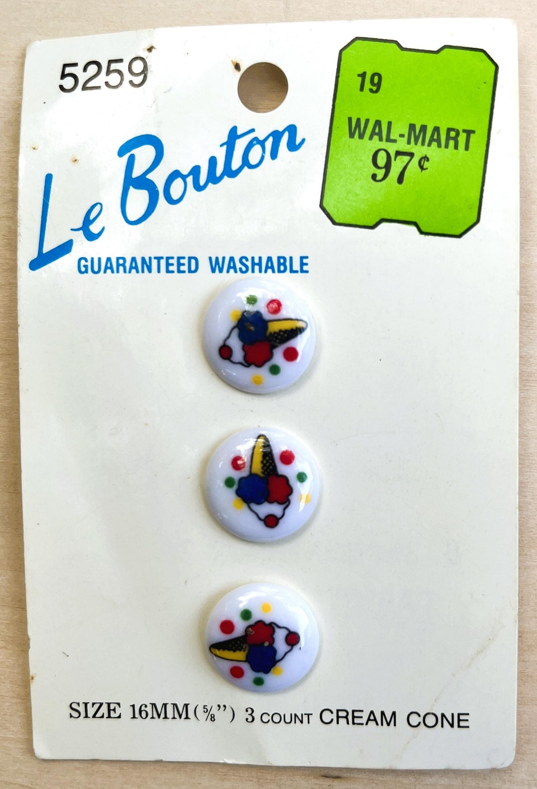 5/8" Ice Cream Cone Buttons, Novelty Button, Le Bouton, Plastic, 3 ...