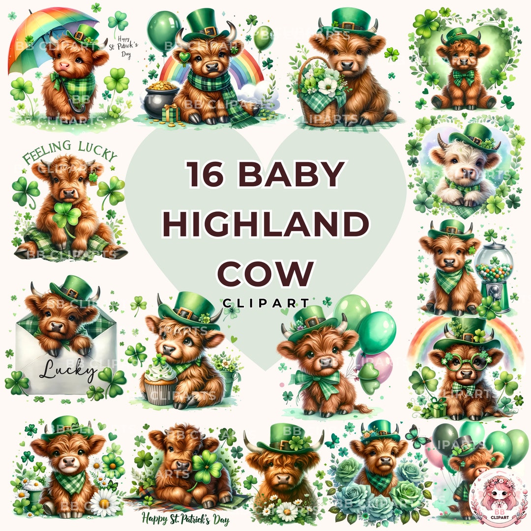 St Patrick Baby Highland Cow Clipart, St Patricks Day PNG, Watercolor ...