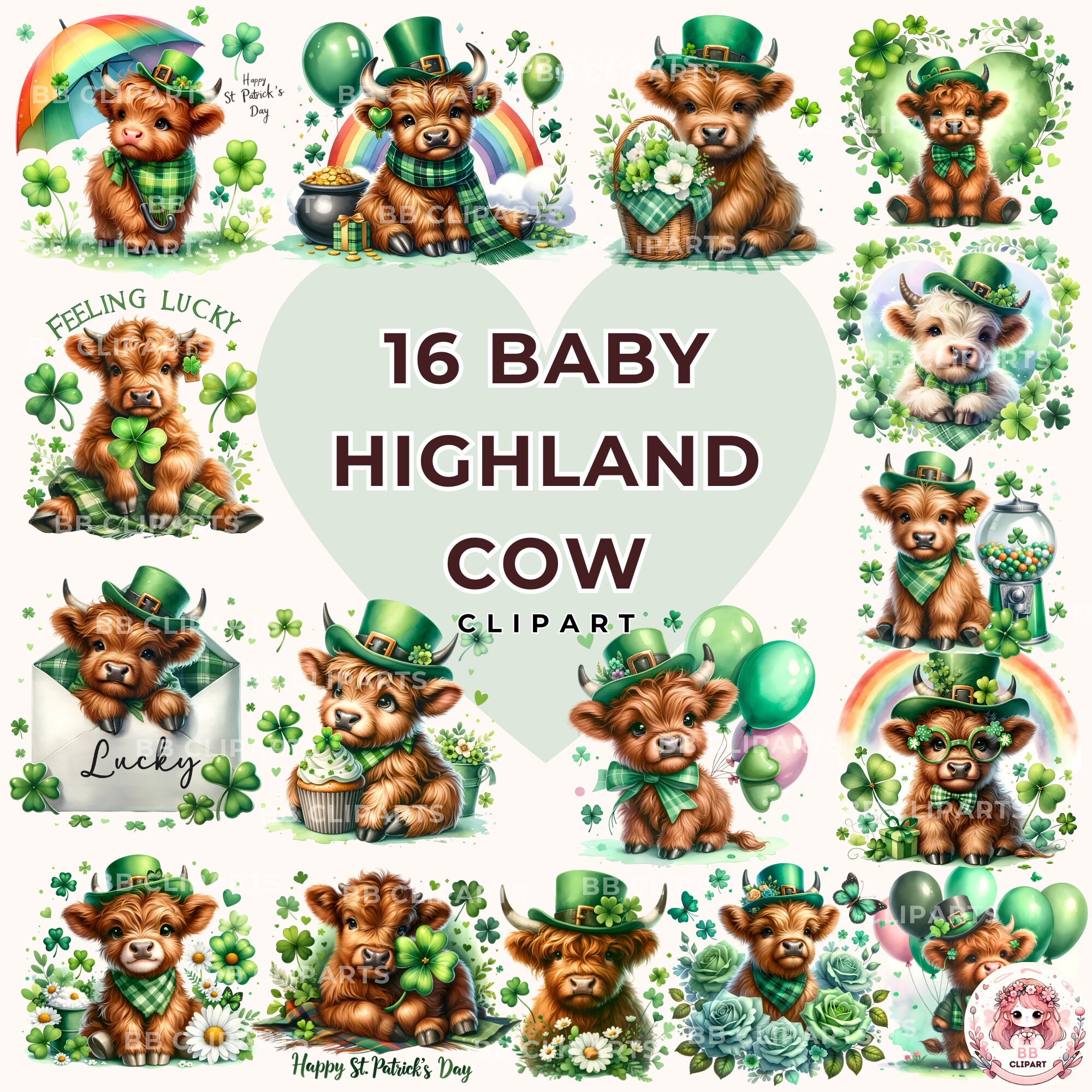 St Patrick Baby Highland Cow Clipart, St Patricks Day PNG, Watercolor ...