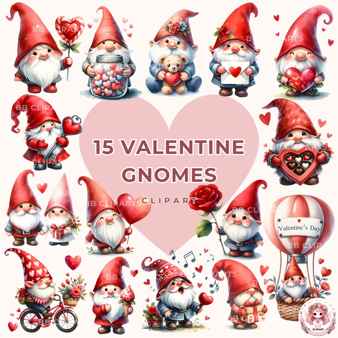 Cute Gnome Clipart, Valentines Gnome Clipart Bundle, Valentines Clipart ...
