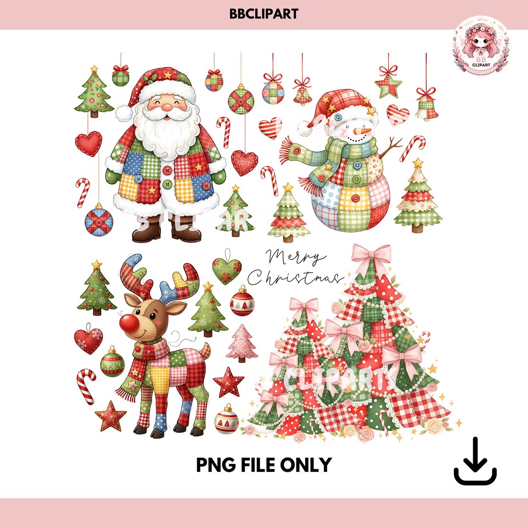 Patchwork Christmas Clipart PNG, Santa Snowman Reindeer Tree, Preppy ...