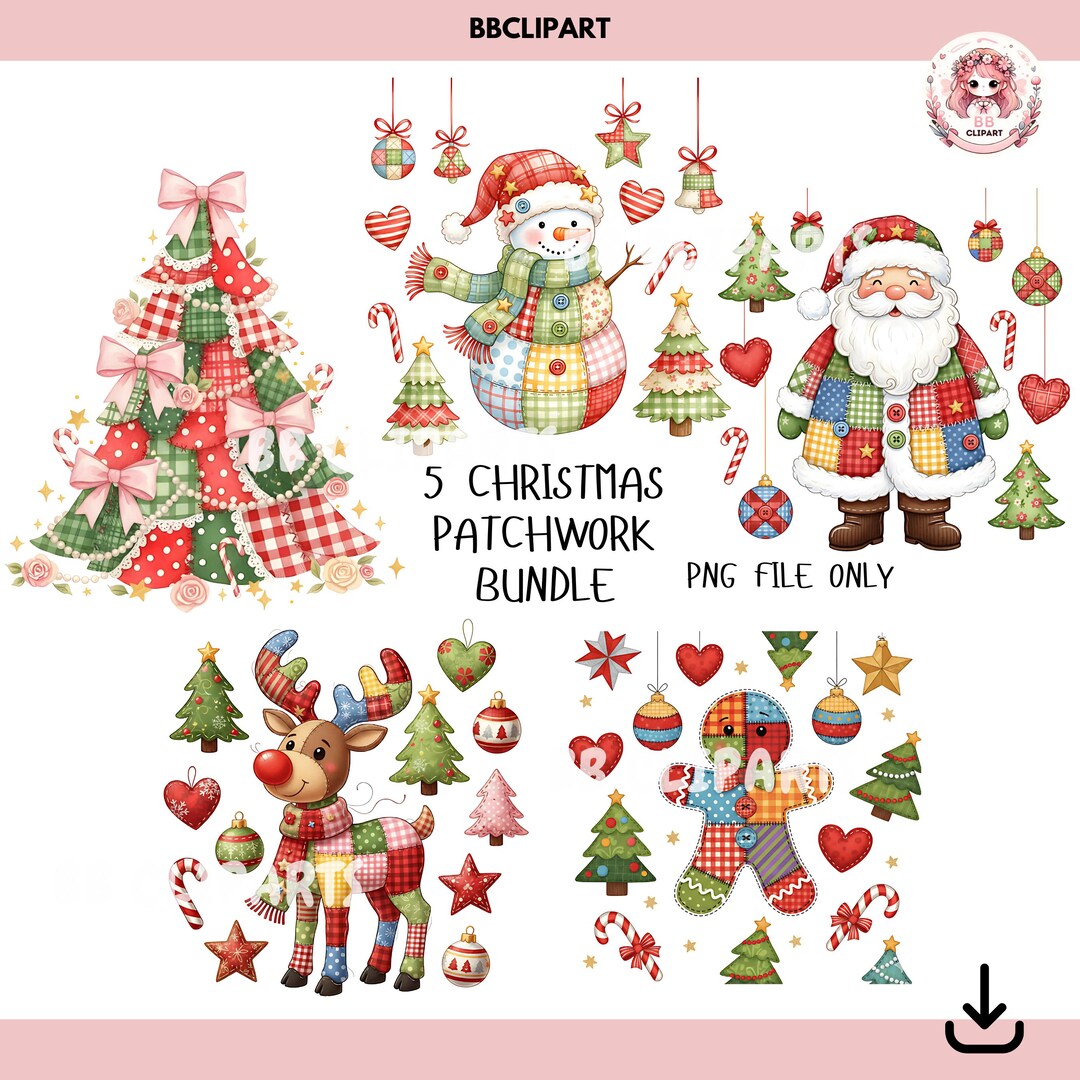 Christmas Patchwork Clipart Bundle PNG, Santa Snowman Reindeer Tree ...