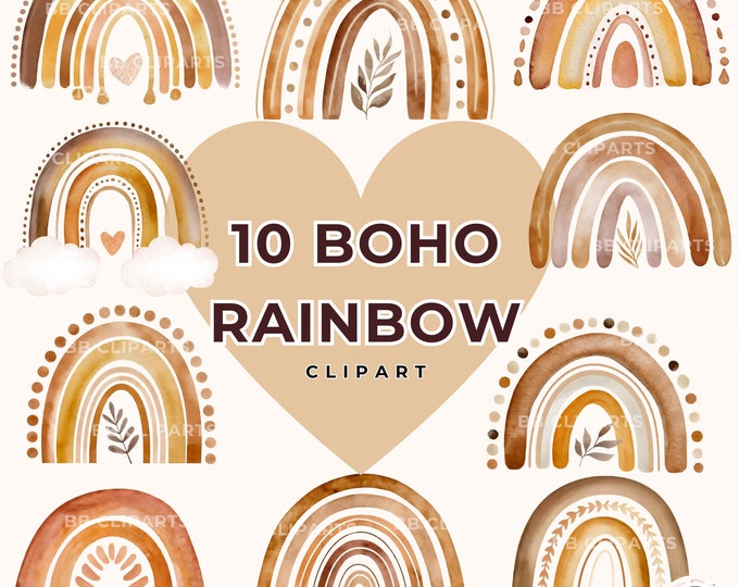 Boho Rainbow PNG Clipart Bundle, Hand Drawn Boho Watercolor Rainbow ...