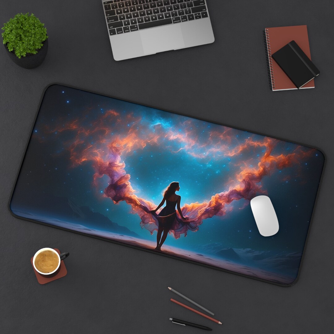Woman Swinging in Cosmic Space, Enchanting Galaxy Desk Mat, Celestial ...