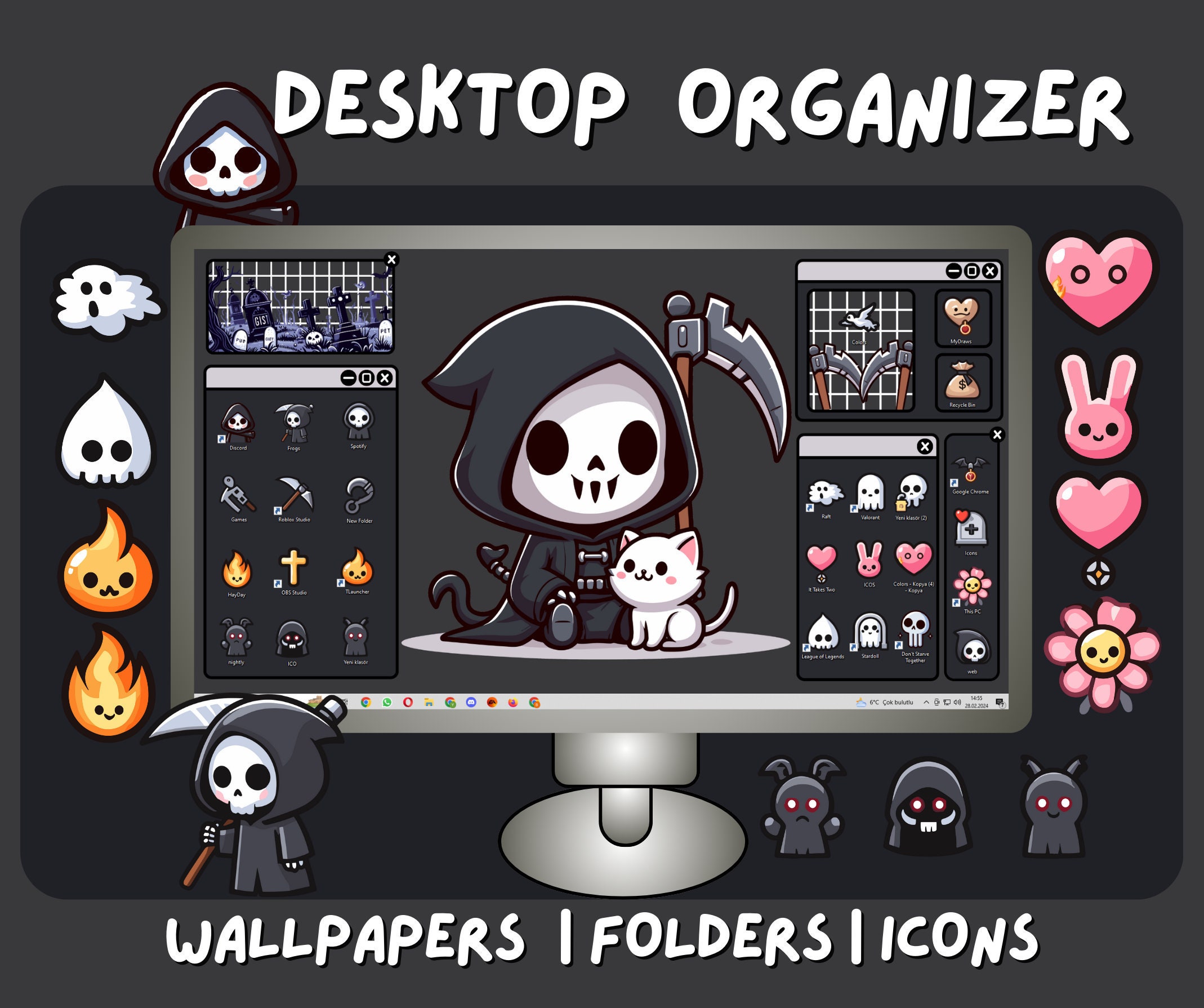 Reaper & Cat Gothic Desktop Wallpaper Organizer Theme - Minimalist ...