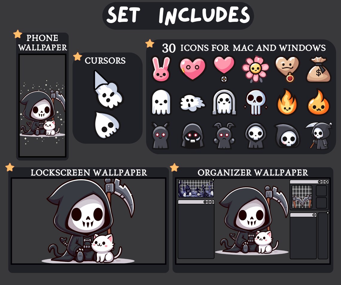 Reaper & Cat Gothic Desktop Wallpaper Organizer Theme - Minimalist ...