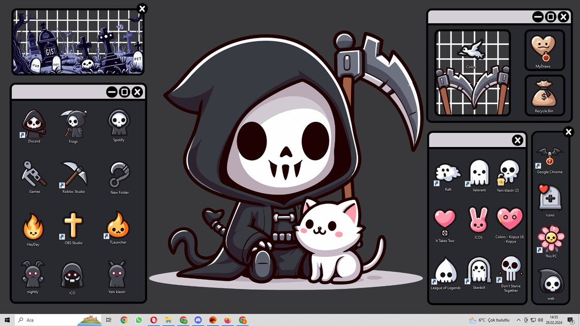 Reaper & Cat Gothic Desktop Wallpaper Organizer Theme - Minimalist Computer Background - Funky ...