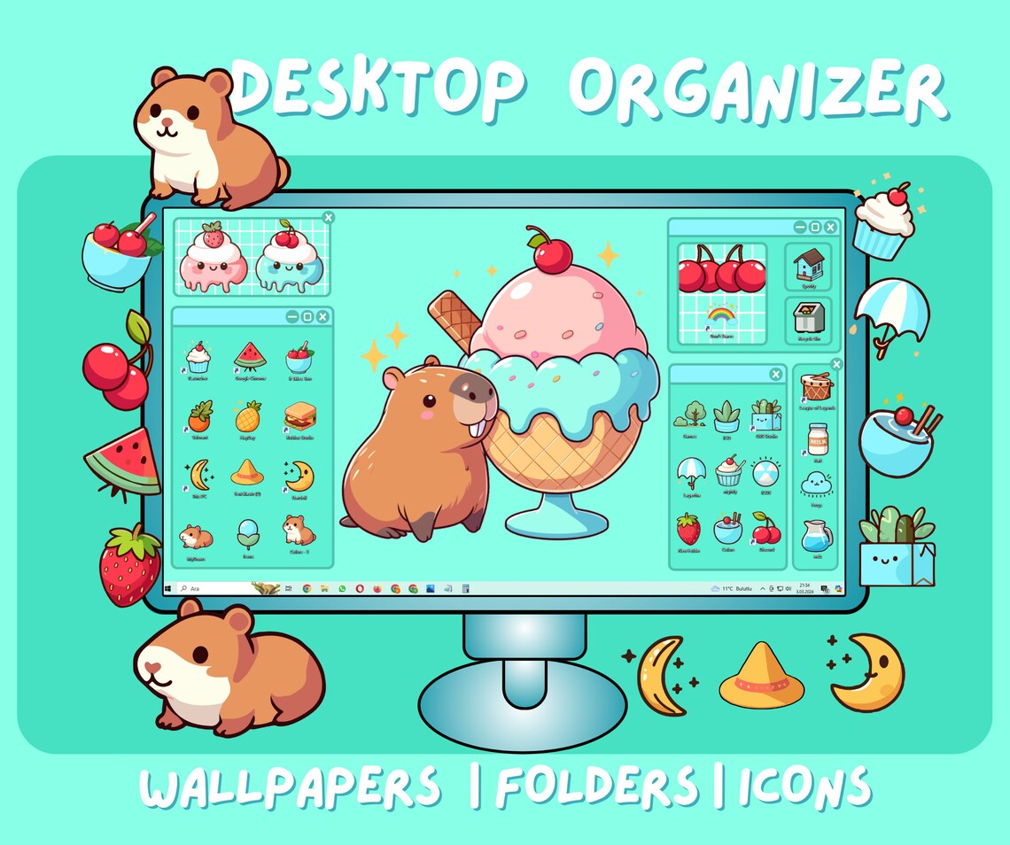 Capybara & Icecream Funky Desktop Wallpaper Organizer Theme ...