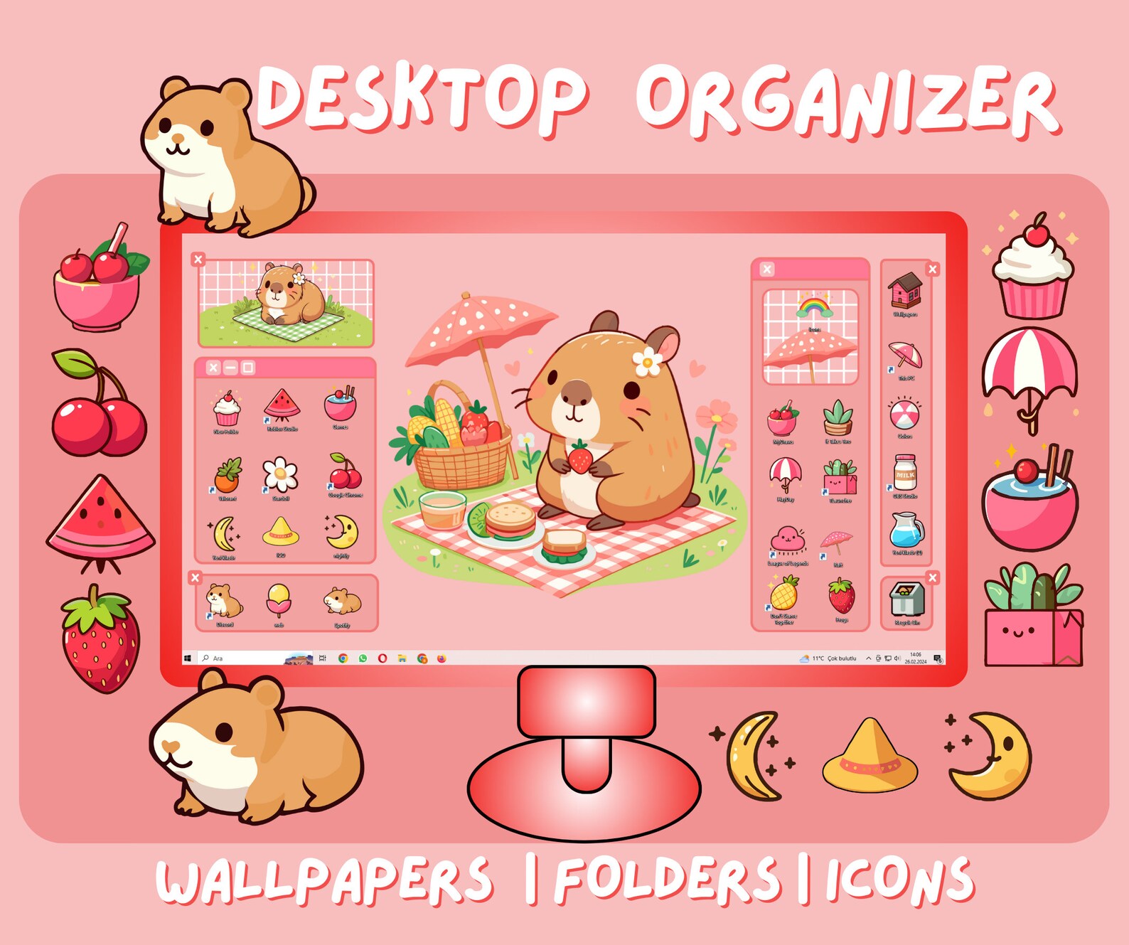 Windows and Mac Desktop Organizer Wallpaper | Picnic Capybara Desktop ...