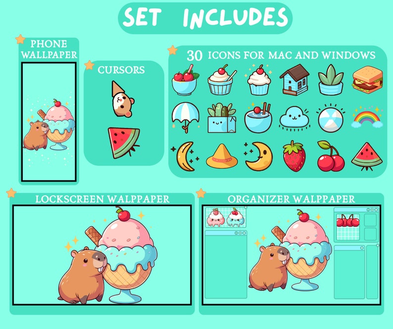 Capybara & Icecream Funky Desktop Wallpaper Organizer Theme ...