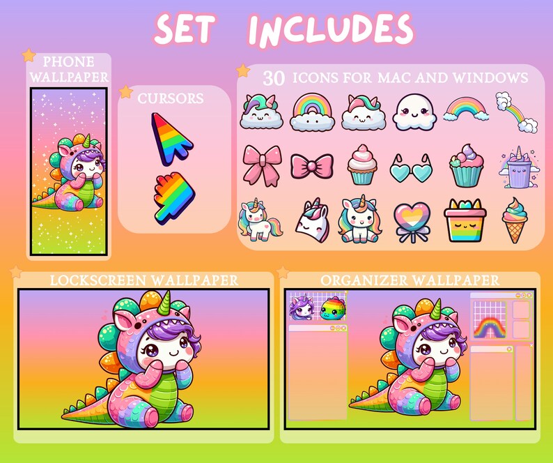 Dinosour Unicorn Funky Desktop Wallpaper Organizer Theme - Minimalist Computer Background ...