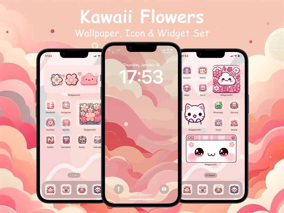 Kawaii Pink Flowers App Icon Set | Aesthetic Cute Kawaii Ios App Icons ...