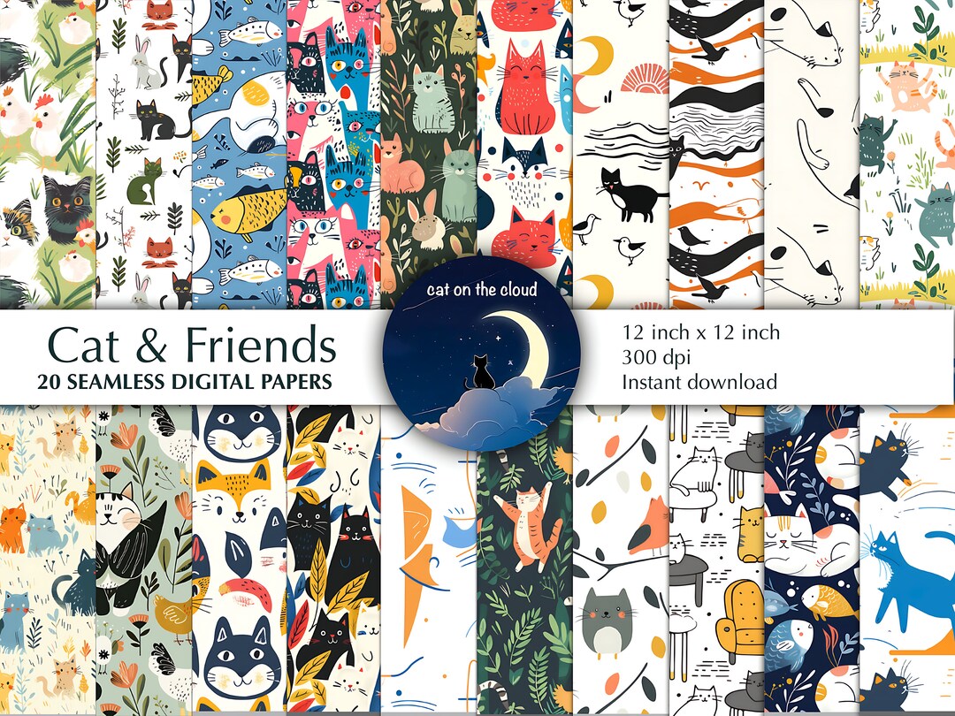 20 Cat and Friends Digital Paper and Seamless Pattern, Printable Set ...