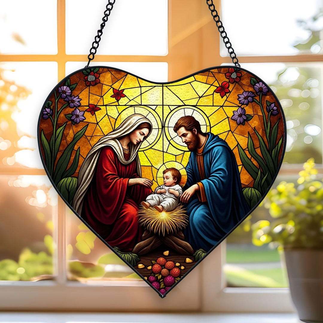 Nativity Scene Stained Glass Suncatcher, Heart Decoration - Etsy