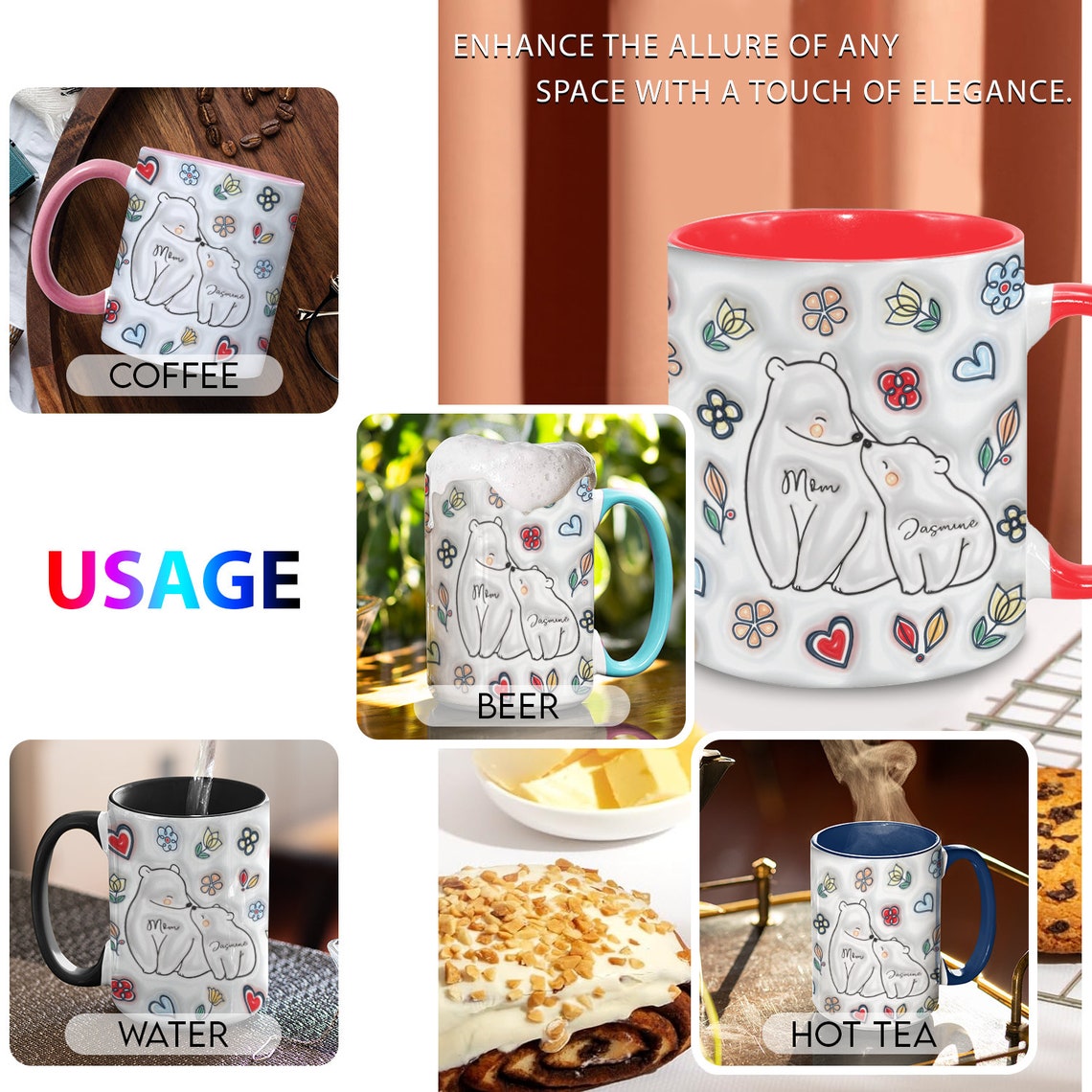 Bears Mug Mom and Daughter Mug Design, Personalized Custom 3D Inflated ...