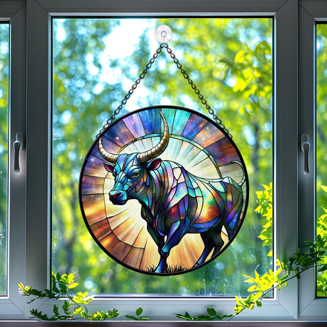 Taurus Zodiac Glass Suncatcher, Taurus Stained Glass Suncatcher Window ...