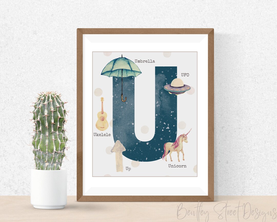 Watercolor Celestial Alphabet Poster Letter U Printable 8x10 Dark Blue ...
