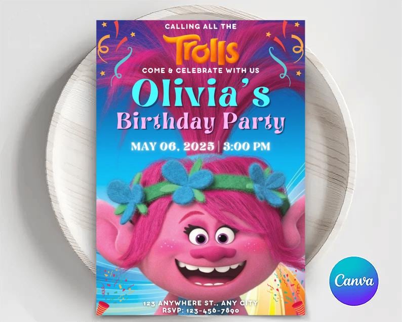 Editable Trolls Birthday Invitation: Poppy Party Invite (digital) - Etsy