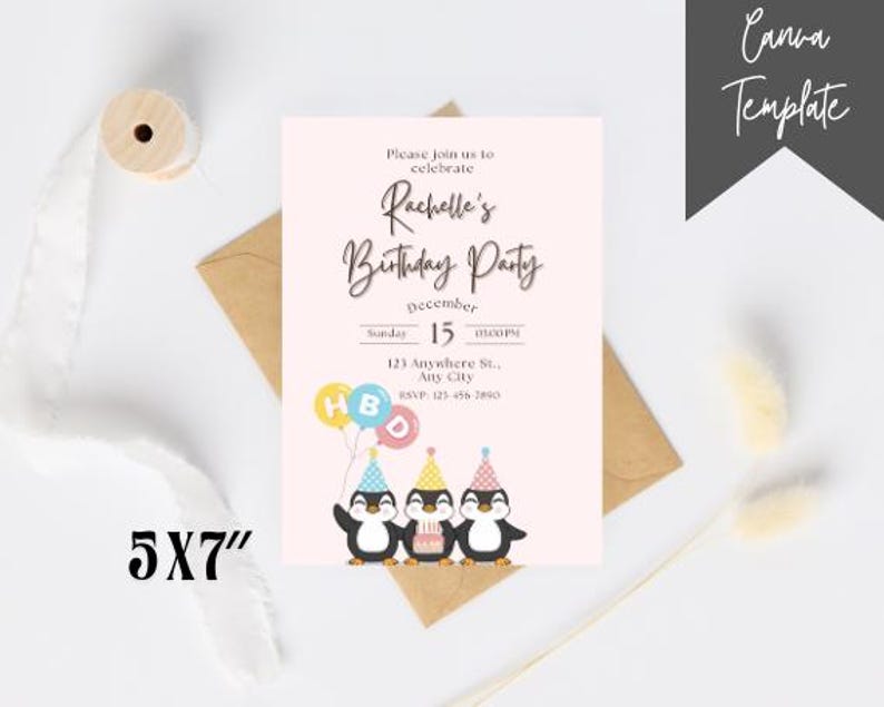 Editable Penguin Birthday Invitation, Winter Party Arctic Animals Cute ...