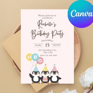 Editable Penguin Birthday Invitation, Winter Party Arctic Animals Cute ...